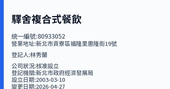 驛舍複合式餐飲的照片-統編 80933052(新北市) 公司登記資料與營業項目詳細圖表