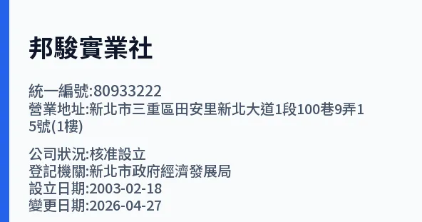 邦駿實業社的照片-統編 80933222(新北市) 公司登記資料與營業項目詳細圖表