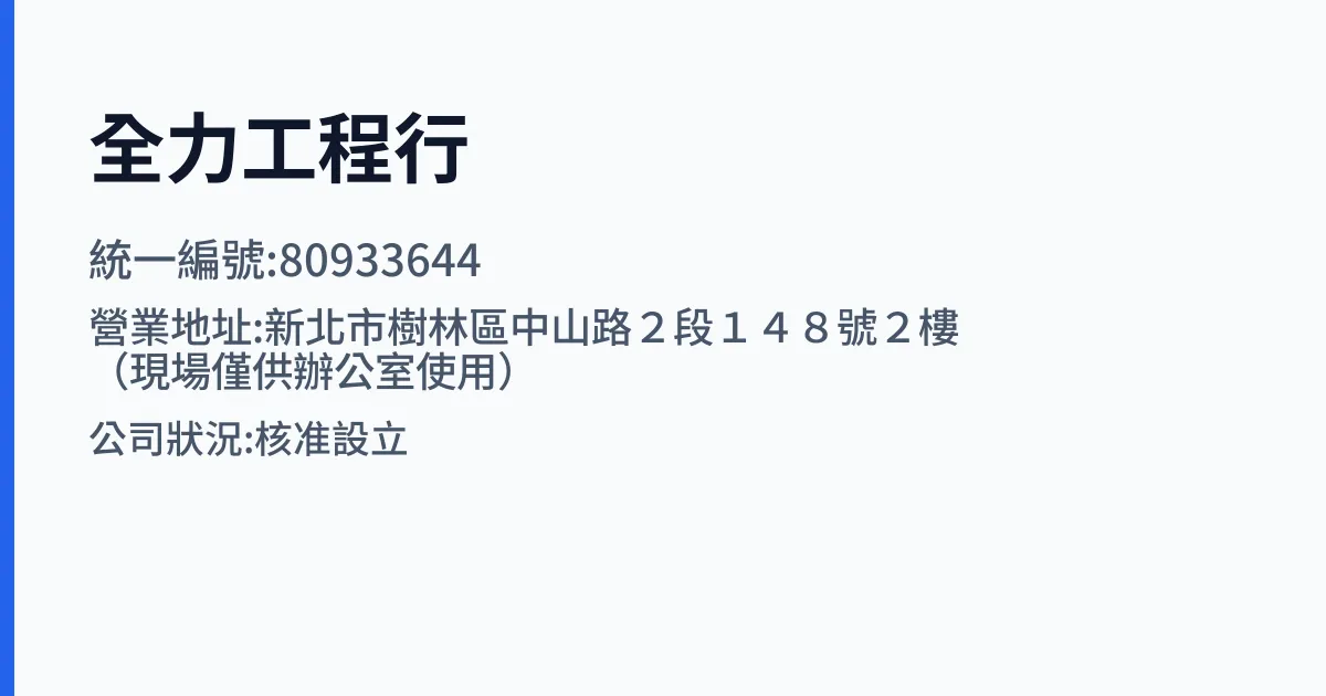 全力工程行 - 統編 80933644(新北市) 公司登記資料與營業項目詳細圖表