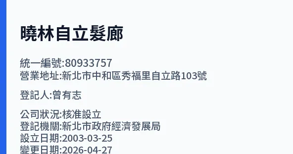 曉林自立髮廊的照片-統編 80933757(新北市) 公司登記資料與營業項目詳細圖表