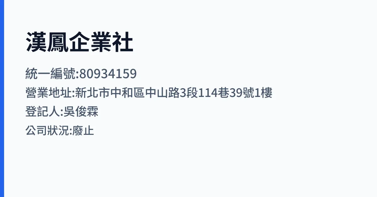 漢鳳企業社 - 統編 80934159(新北市) 公司登記資料與營業項目詳細圖表