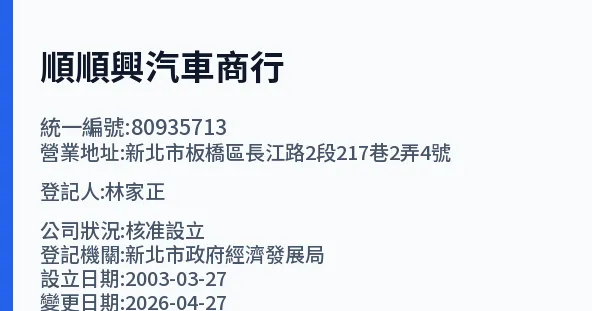 順順興汽車商行的照片-統編 80935713(新北市) 公司登記資料與營業項目詳細圖表