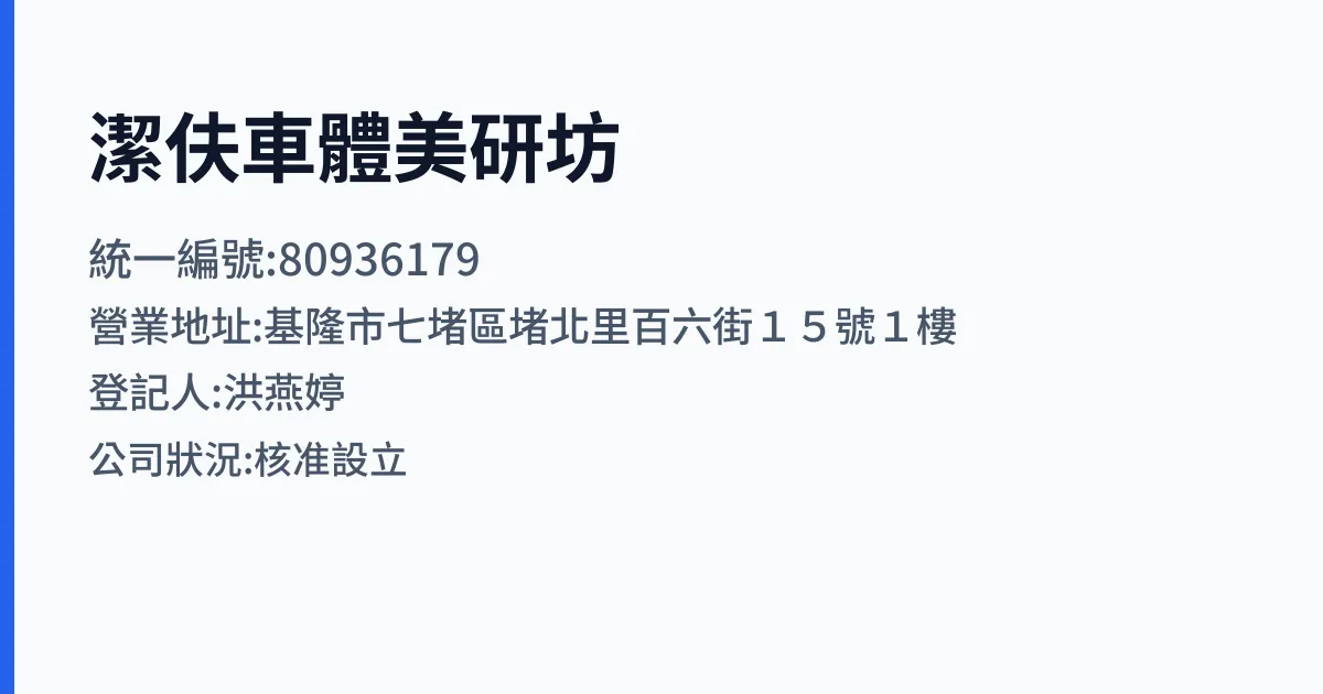 潔伕車體美研坊 - 統編 80936179(基隆市) 公司登記資料與營業項目詳細圖表