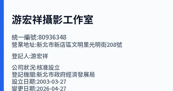 游宏祥攝影工作室的照片-統編 80936348(新北市) 公司登記資料與營業項目詳細圖表