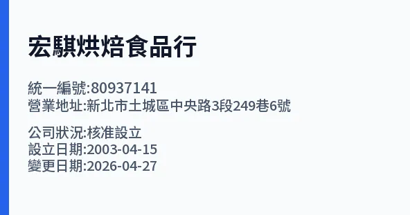 宏騏烘焙食品行的照片-統編 80937141(新北市) 公司登記資料與營業項目詳細圖表