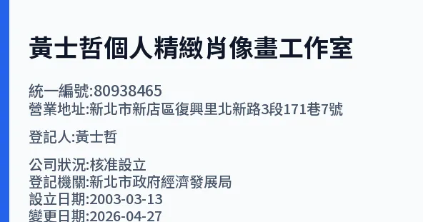 黃士哲個人精緻肖像畫工作室的照片-統編 80938465(新北市) 公司登記資料與營業項目詳細圖表