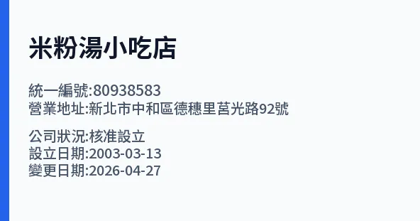 米粉湯小吃店的照片-統編 80938583(新北市) 公司登記資料與營業項目詳細圖表
