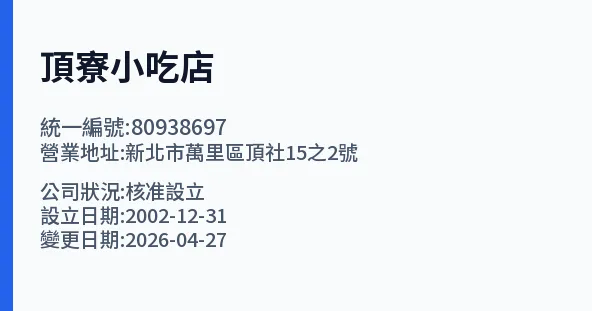 頂寮小吃店的照片-統編 80938697(新北市) 公司登記資料與營業項目詳細圖表