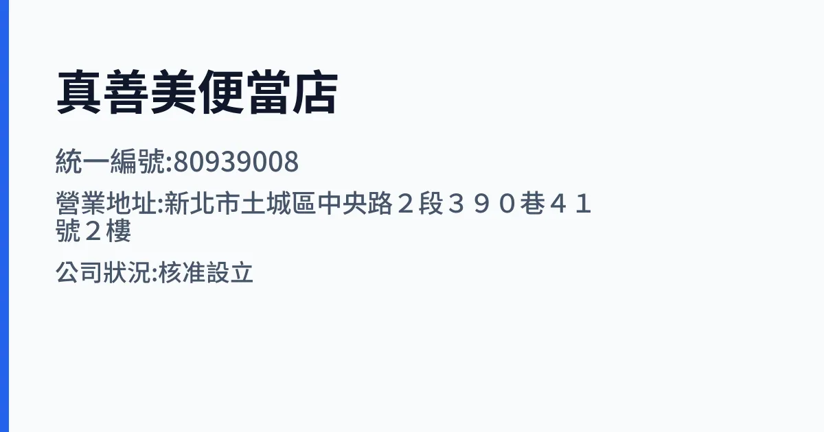 真善美便當店 - 統編 80939008(新北市) 公司登記資料與營業項目詳細圖表