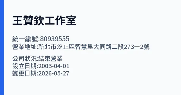 王贊欽工作室的照片-統編 80939555(新北市) 公司登記資料與營業項目詳細圖表