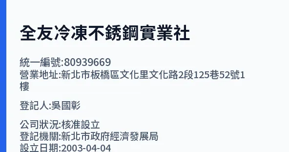 全友冷凍不銹鋼實業社的照片-統編 80939669(新北市) 公司登記資料與營業項目詳細圖表