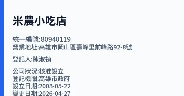 米農小吃店的照片-統編 80940119(高雄市) 公司登記資料與營業項目詳細圖表