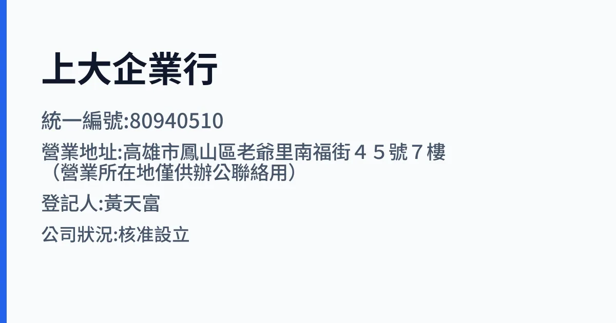 上大企業行 - 統編 80940510(高雄市) 公司登記資料與營業項目詳細圖表