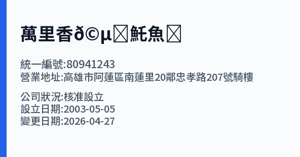 萬里香𩵚魠魚焿的照片-統編 80941243(高雄市) 公司登記資料與營業項目詳細圖表