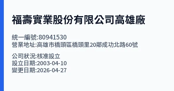 福壽實業股份有限公司高雄廠的照片-統編 80941530(高雄市) 公司登記資料與營業項目詳細圖表
