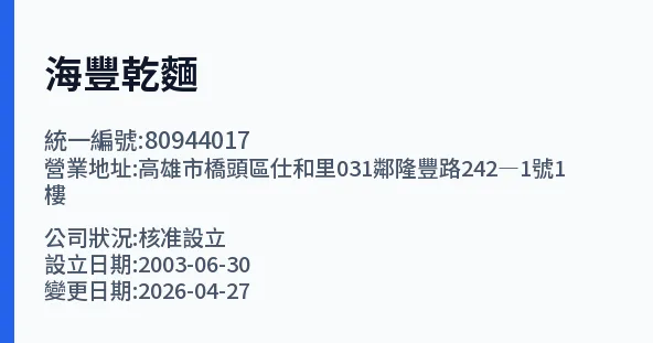 海豐乾麵的照片-統編 80944017(高雄市) 公司登記資料與營業項目詳細圖表