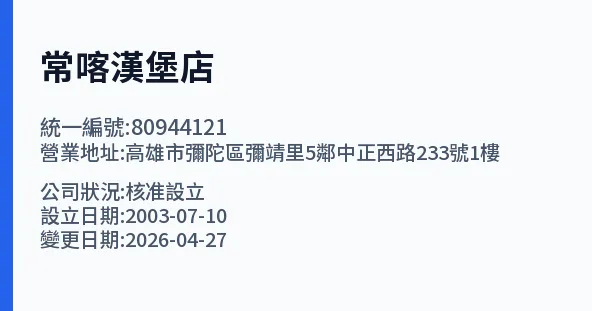 常喀漢堡店的照片-統編 80944121(高雄市) 公司登記資料與營業項目詳細圖表
