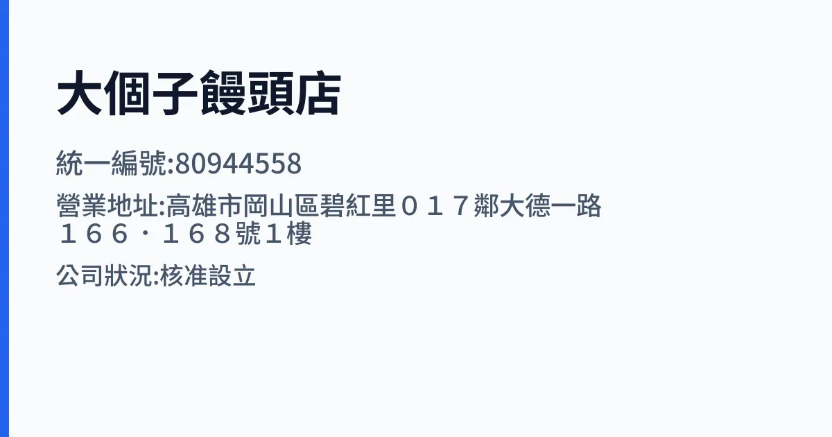 大個子饅頭店 - 統編 80944558(高雄市) 公司登記資料與營業項目詳細圖表