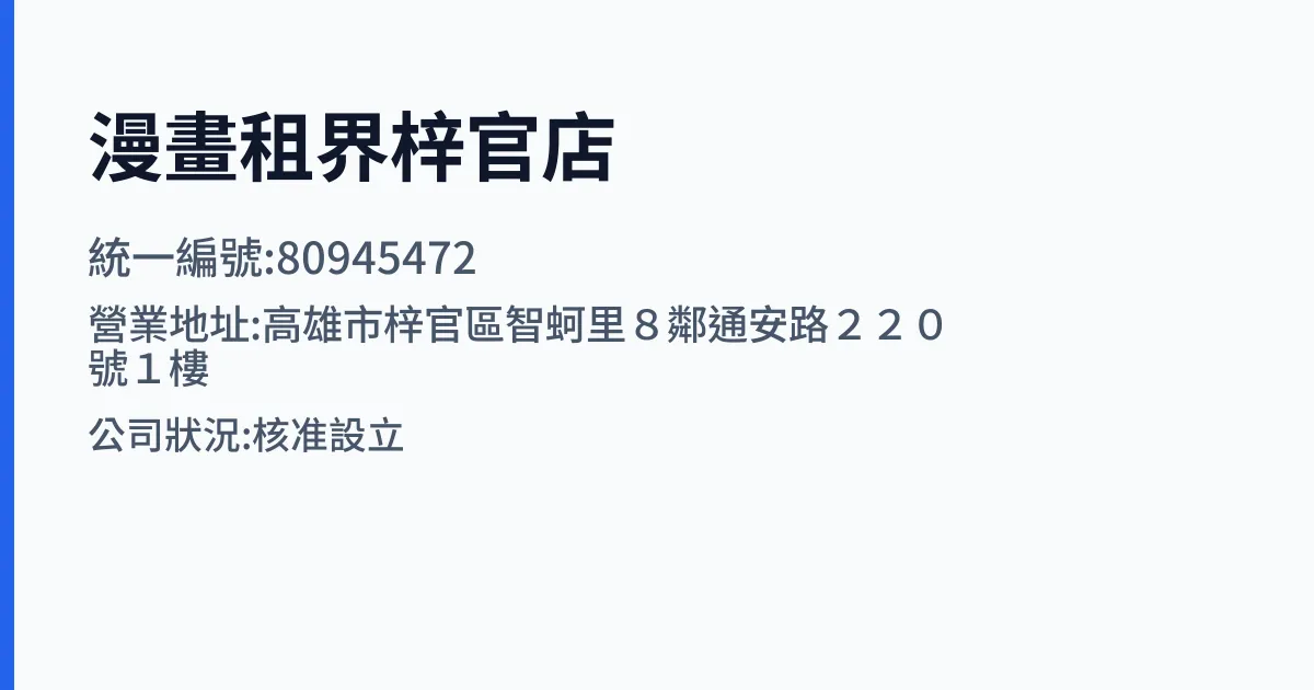 漫畫租界梓官店 - 統編 80945472(高雄市) 公司登記資料與營業項目詳細圖表