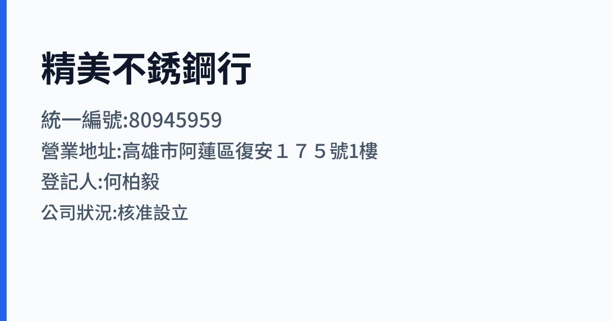 精美不銹鋼行 - 統編 80945959(高雄市) 公司登記資料與營業項目詳細圖表