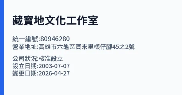 藏寶地文化工作室的照片-統編 80946280(高雄市) 公司登記資料與營業項目詳細圖表