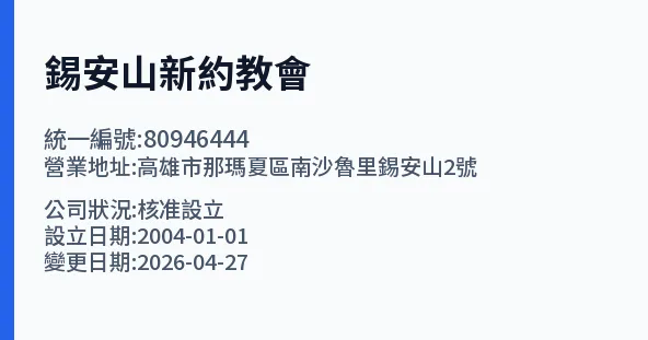 錫安山新約教會的照片-統編 80946444(高雄市) 公司登記資料與營業項目詳細圖表