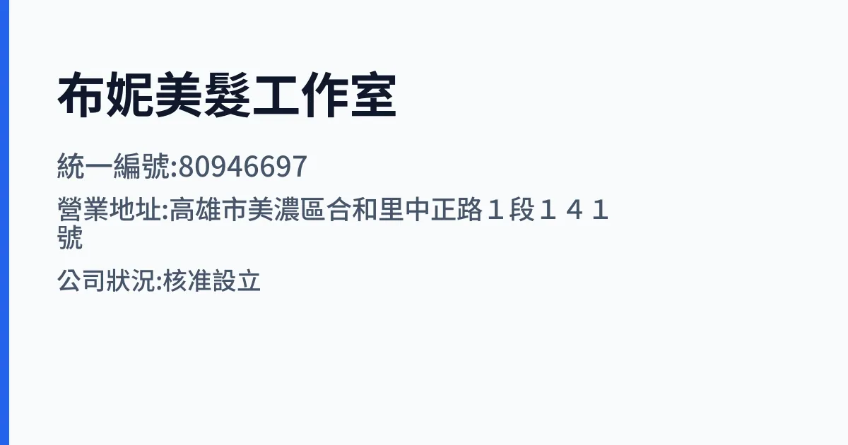 布妮美髮工作室 - 統編 80946697（高雄市） 公司登記資料與營業項目詳細圖表