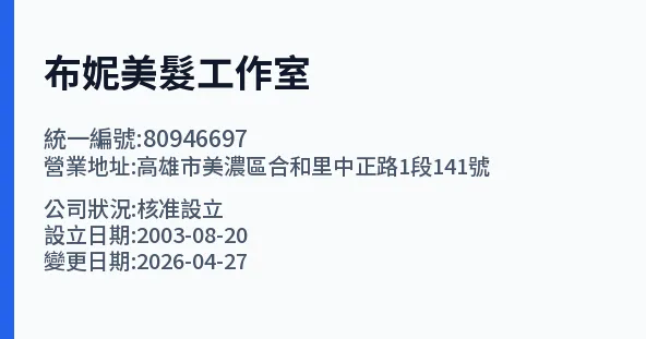 布妮美髮工作室的照片-統編 80946697(高雄市) 公司登記資料與營業項目詳細圖表
