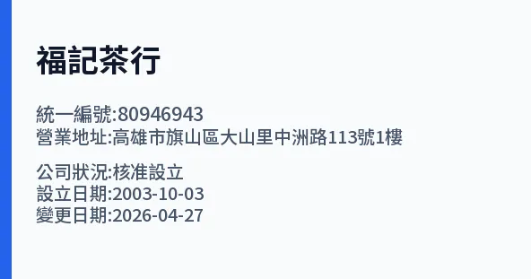 福記茶行的照片-統編 80946943(高雄市) 公司登記資料與營業項目詳細圖表