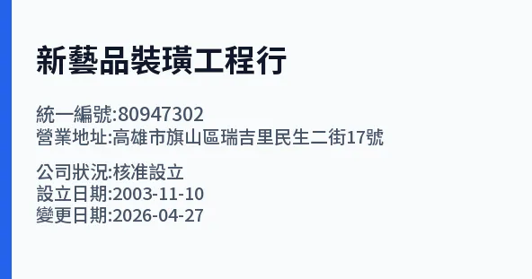 新藝品裝璜工程行的照片-統編 80947302(高雄市) 公司登記資料與營業項目詳細圖表