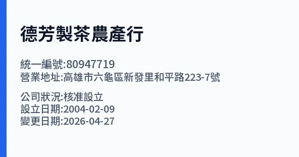 德芳製茶農產行的照片-統編 80947719(高雄市) 公司登記資料與營業項目詳細圖表