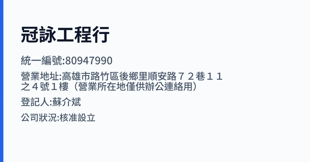 冠詠工程行 - 統編 80947990(高雄市) 公司登記資料與營業項目詳細圖表