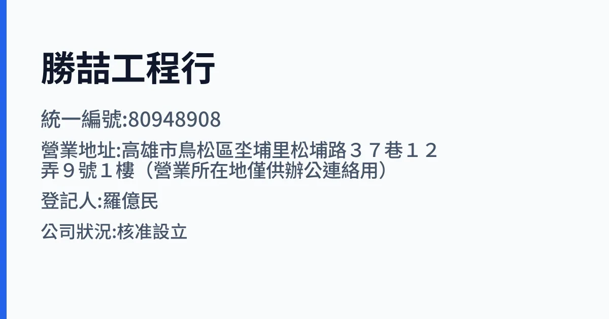 勝喆工程行 - 統編 80948908(高雄市) 公司登記資料與營業項目詳細圖表