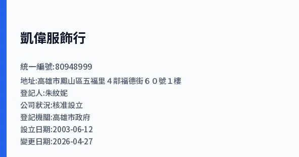 凱偉服飾行的照片-統編 80948999(高雄市) 公司登記資料與營業項目詳細圖表