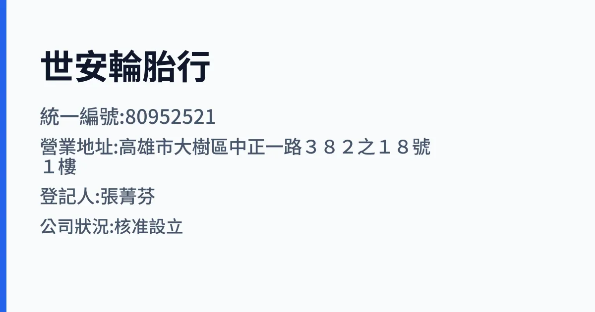 世安輪胎行 - 統編 80952521(高雄市) 公司登記資料與營業項目詳細圖表