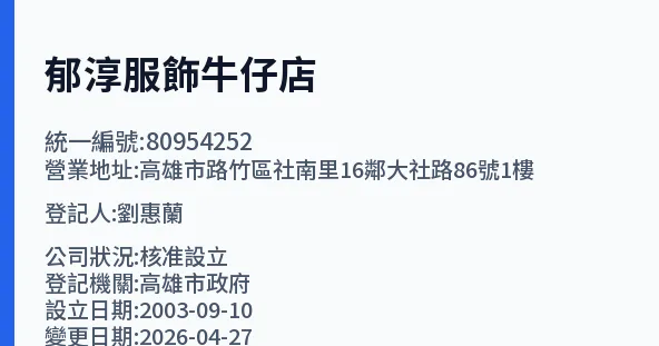 郁淳服飾牛仔店的照片-統編 80954252(高雄市) 公司登記資料與營業項目詳細圖表
