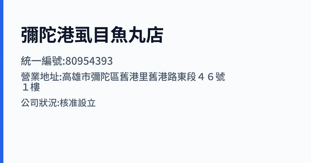彌陀港虱目魚丸店 - 統編 80954393(高雄市) 公司登記資料與營業項目詳細圖表