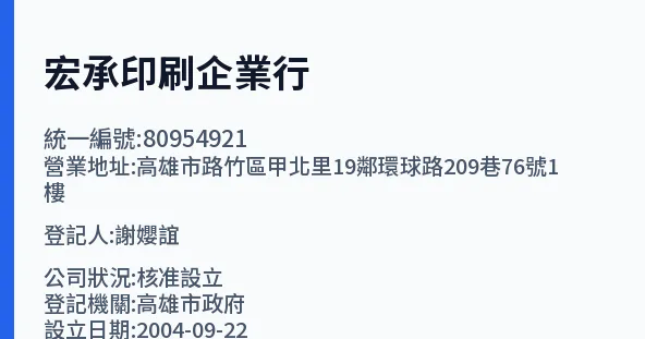 宏承印刷企業行的照片-統編 80954921(高雄市) 公司登記資料與營業項目詳細圖表