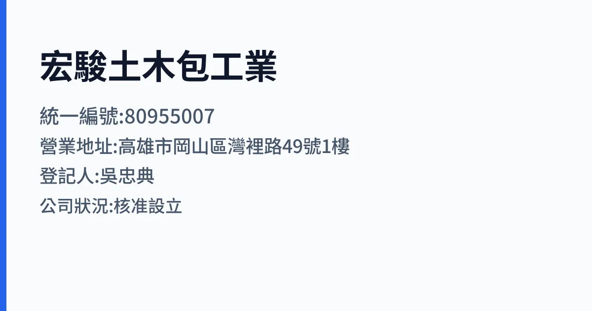 宏駿土木包工業 - 統編 80955007(高雄市) 公司登記資料與營業項目詳細圖表