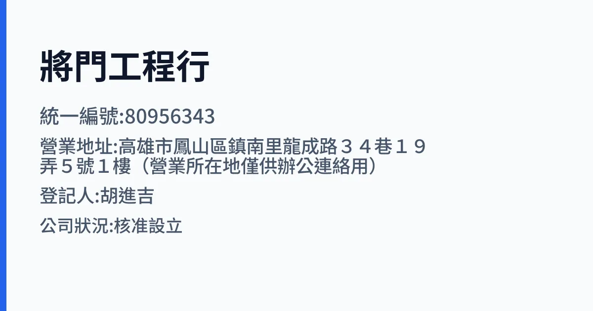 將門工程行 - 統編 80956343(高雄市) 公司登記資料與營業項目詳細圖表