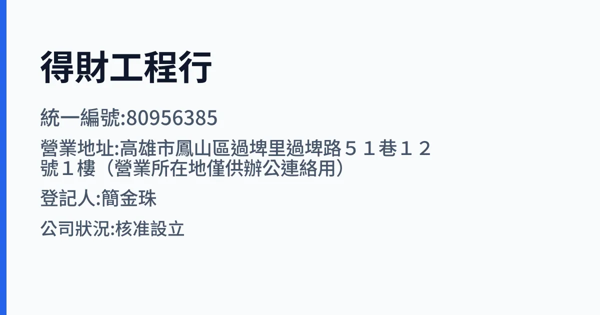 得財工程行 - 統編 80956385(高雄市) 公司登記資料與營業項目詳細圖表