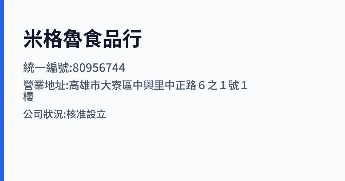 米格魯食品行 - 統編 80956744(高雄市) 公司登記資料與營業項目詳細圖表