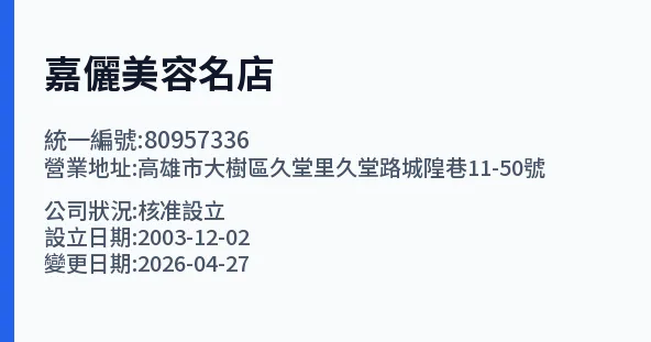 嘉儷美容名店的照片-統編 80957336(高雄市) 公司登記資料與營業項目詳細圖表