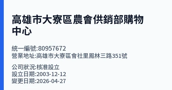 高雄市大寮區農會供銷部購物中心的照片-統編 80957672(高雄市) 公司登記資料與營業項目詳細圖表