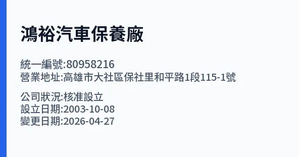 鴻裕汽車保養廠的照片-統編 80958216(高雄市) 公司登記資料與營業項目詳細圖表