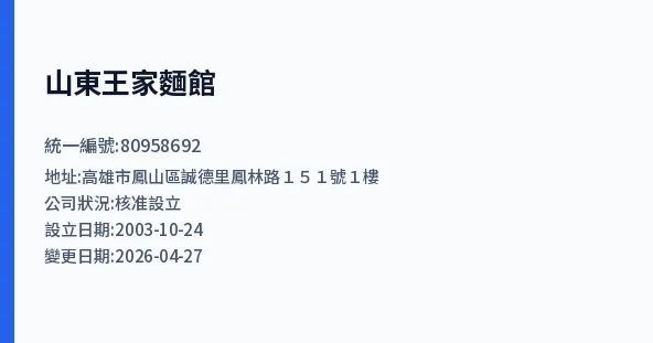 山東王家麵館的照片-統編 80958692(高雄市) 公司登記資料與營業項目詳細圖表