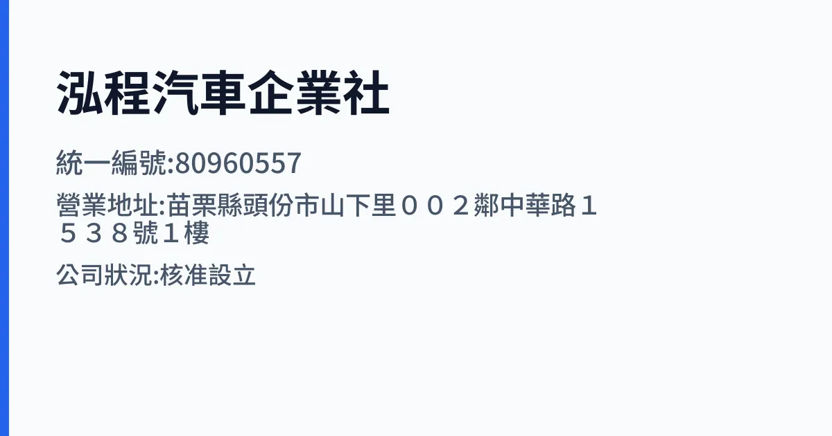 泓程汽車企業社 - 統編 80960557(苗栗縣) 公司登記資料與營業項目詳細圖表