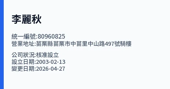 李麗秋的照片-統編 80960825(苗栗縣) 公司登記資料與營業項目詳細圖表