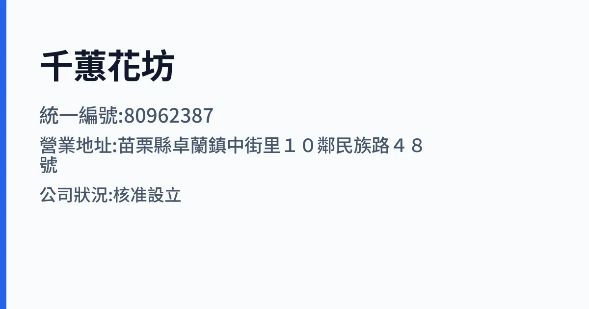 千蕙花坊 - 統編 80962387(苗栗縣) 公司登記資料與營業項目詳細圖表
