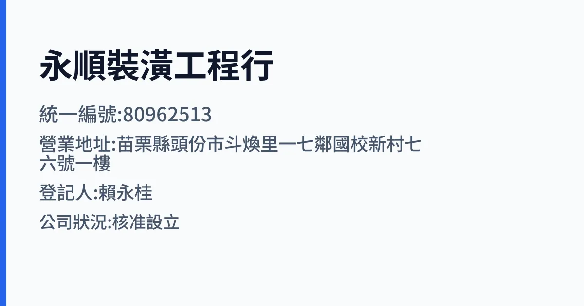 永順裝潢工程行 - 統編 80962513(苗栗縣) 公司登記資料與營業項目詳細圖表
